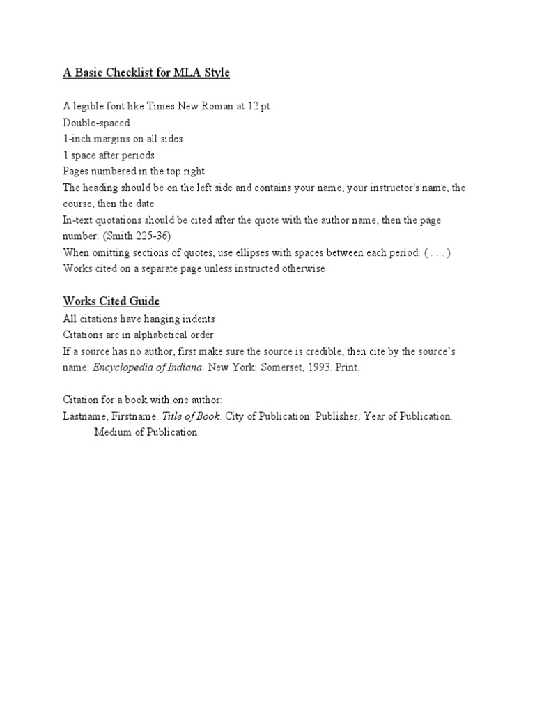 MLA Style Checklist and Guidelines | PDF