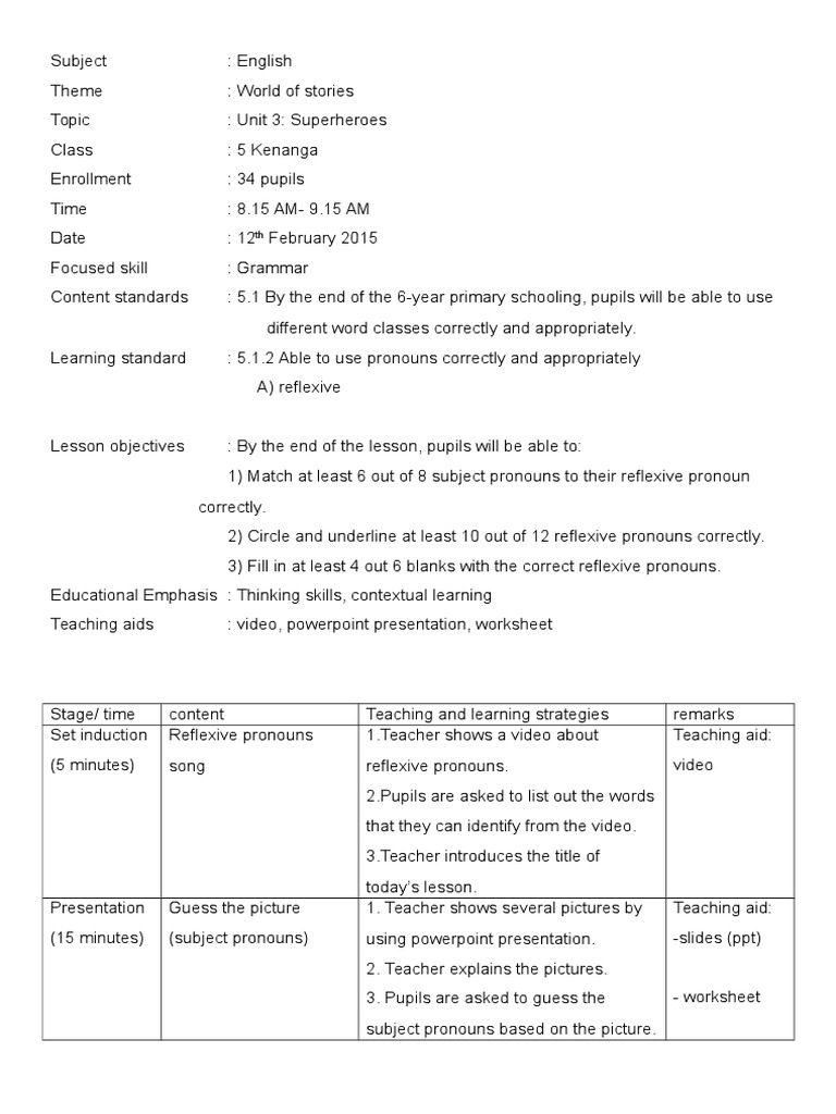 Grade 5: Reflexive Pronouns Lesson | PDF | Lesson Plan | Teachers