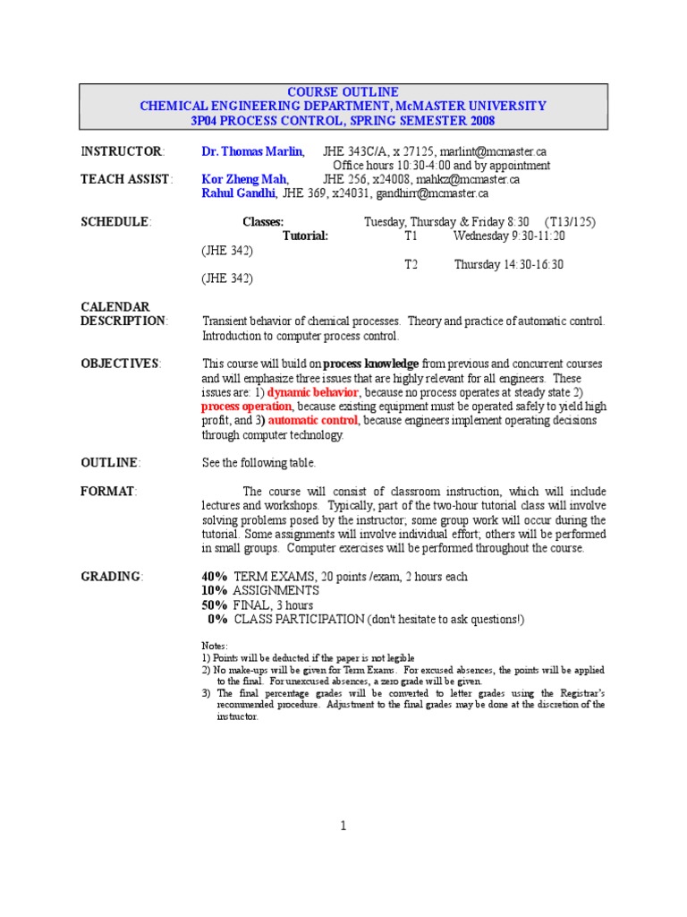 McMaster Chemical Engineering Course Outline for 3P04 Process Control ...