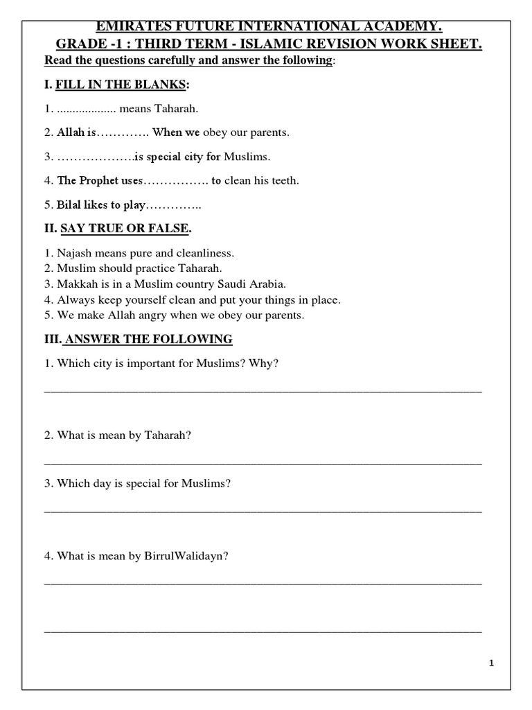 Grade 1 Islamic Worksheet | PDF