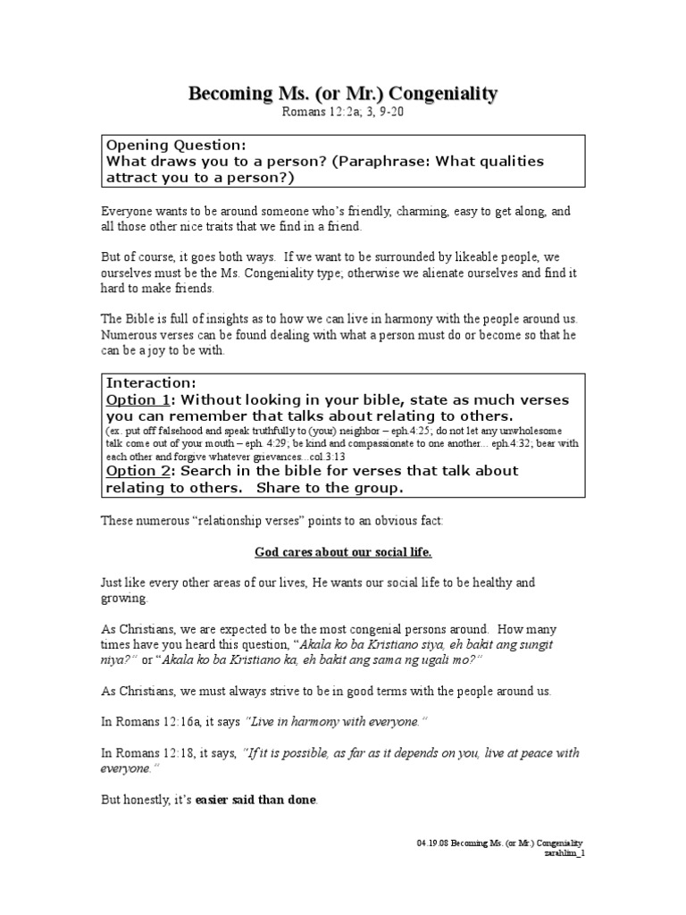 Becoming Ms (Or MR) Congeniality | PDF | Ministry Of Jesus | Religion ...