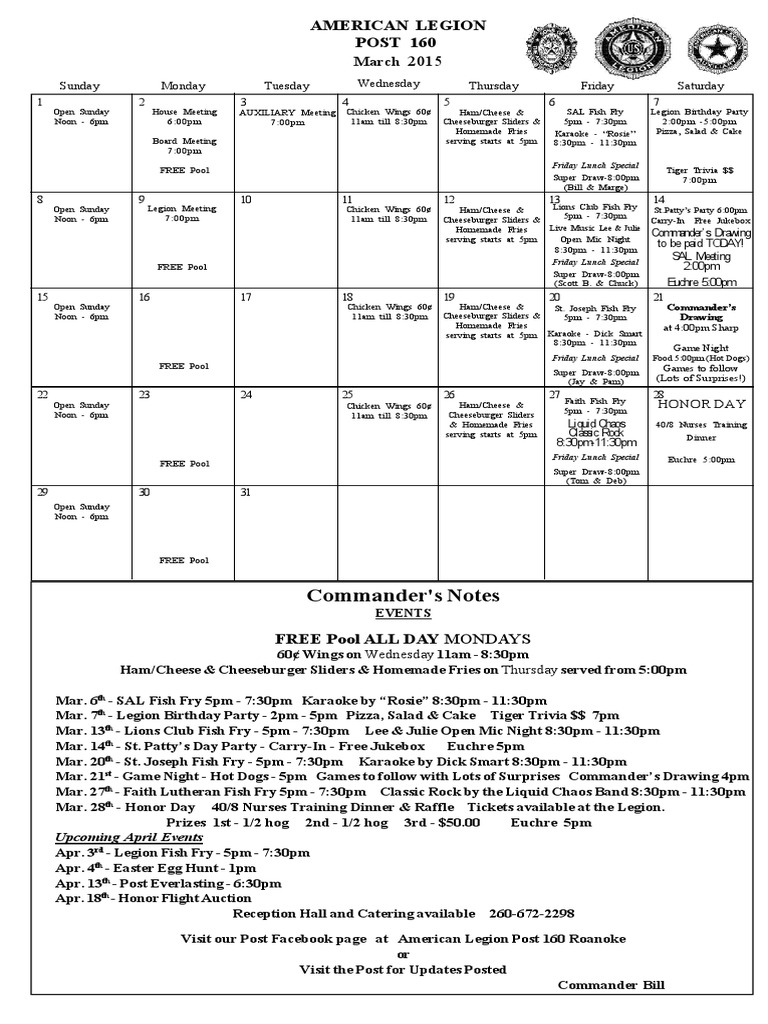 Legion Calendar March 2015 | PDF | Lunch | Western Cuisine