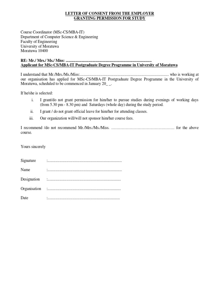 Uom Cse Postgraduate Employer Consent Form | PDF