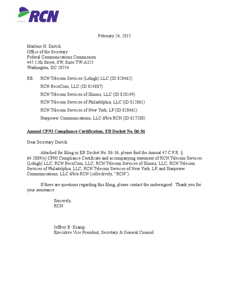 Certification - CPNI.Annual Filing - CY 2014 | PDF | Mail | United ...