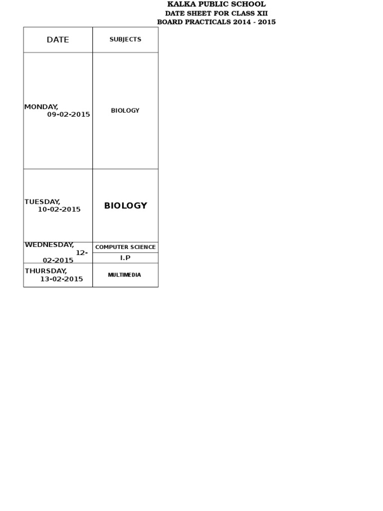 Class XII Practicals Schedule | PDF