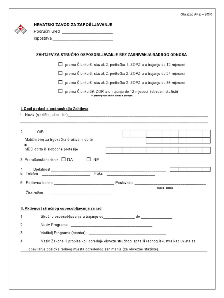Obrazac Zahtjeva Za Rad Bez Zasnivanja Radnog Odnosa | PDF