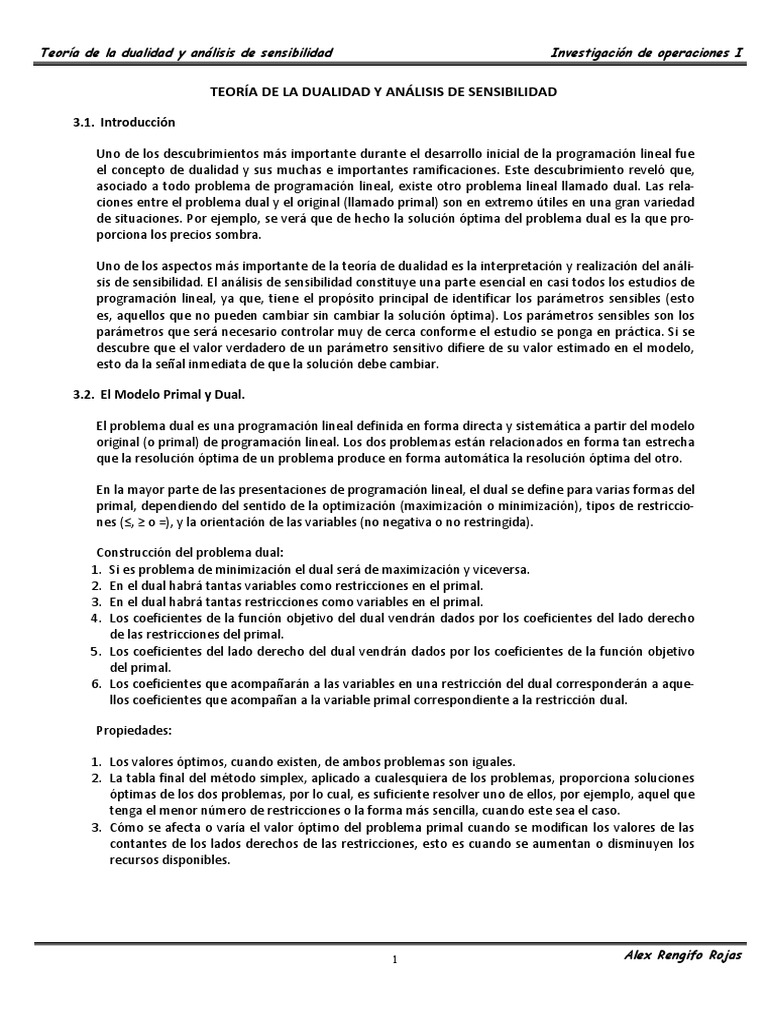 Teoría de La Dualidad y Análisis de Sensibilidad | PDF | Programación lineal | Aparición
