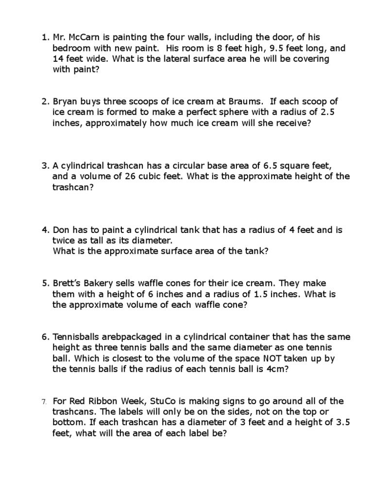 Surface Area and Volume Word Problems | PDF