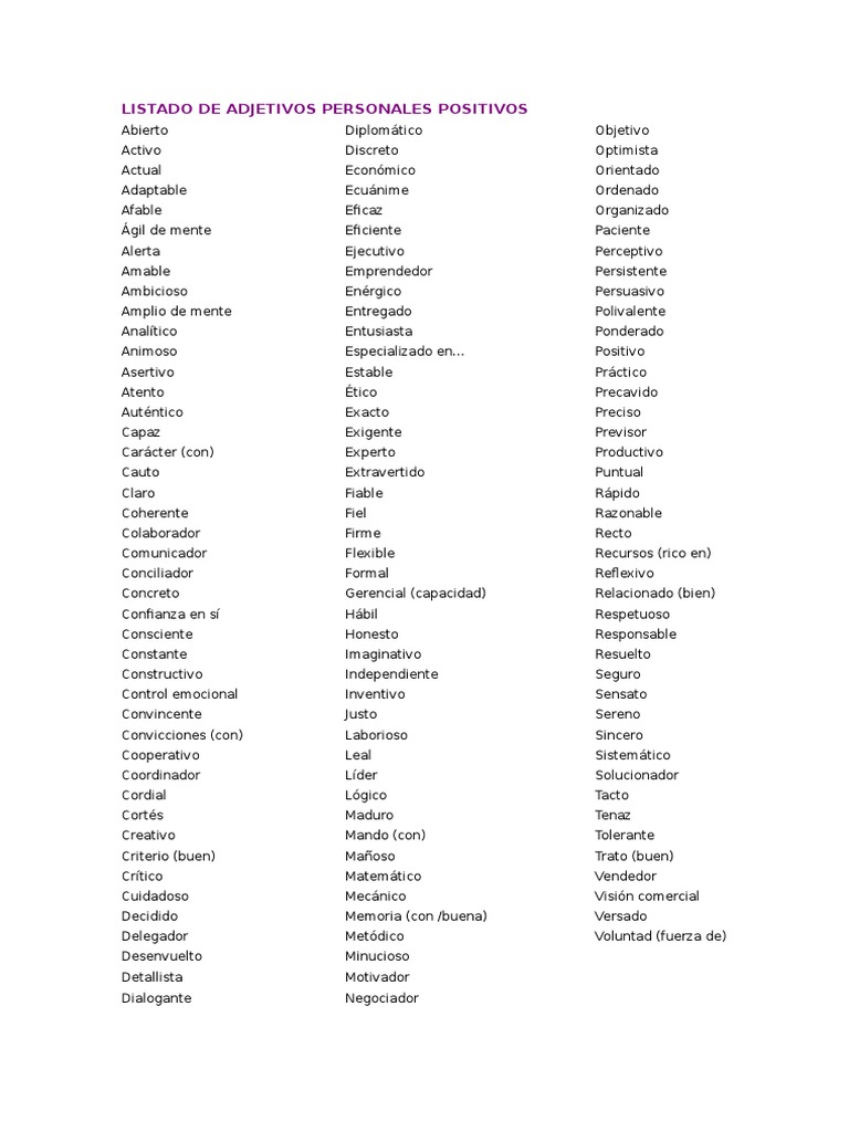 Listado de Adjetivos Personales Positivos | PDF | Crecimiento personal ...
