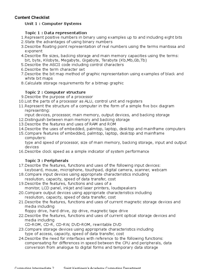 Content Checklist: Unit 1: Computer Systems Topic 1: Data Representation | PDF | Computer Data ...
