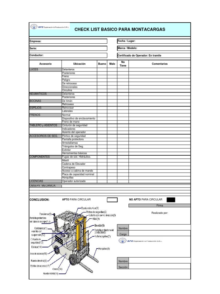 Check List Básico Para Montacargas Pdf
