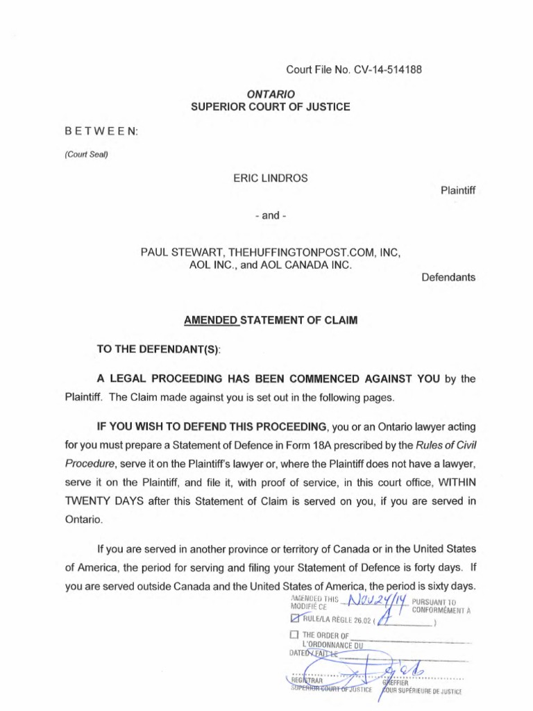 Eric Lindros - Statement of Claim | PDF | Defamation | Damages