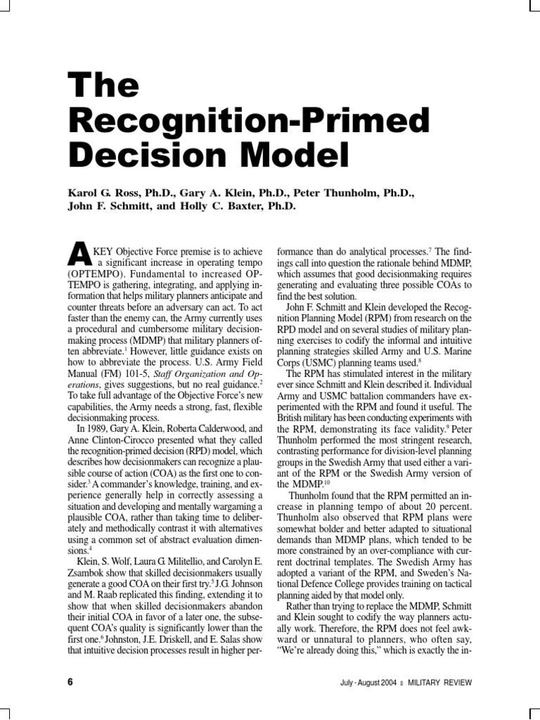 The Recognition Primed Decision Model | United States Marine Corps ...