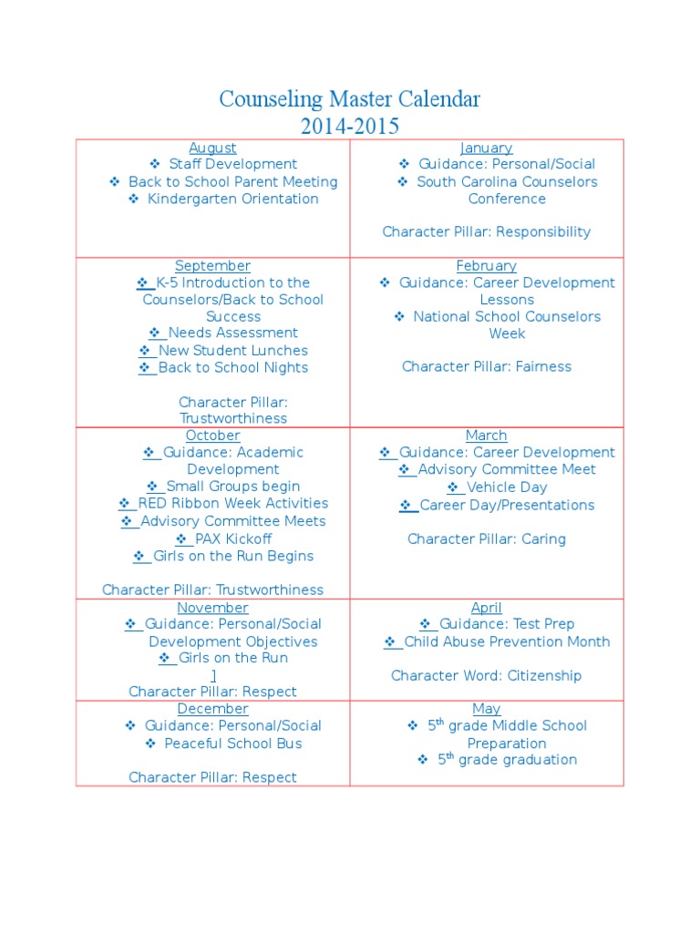 Counseling Master Calendar | PDF