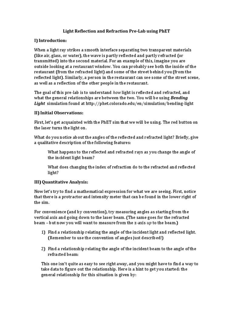 Light Reflection and Refraction Pre-Lab | PDF | Refraction | Reflection ...