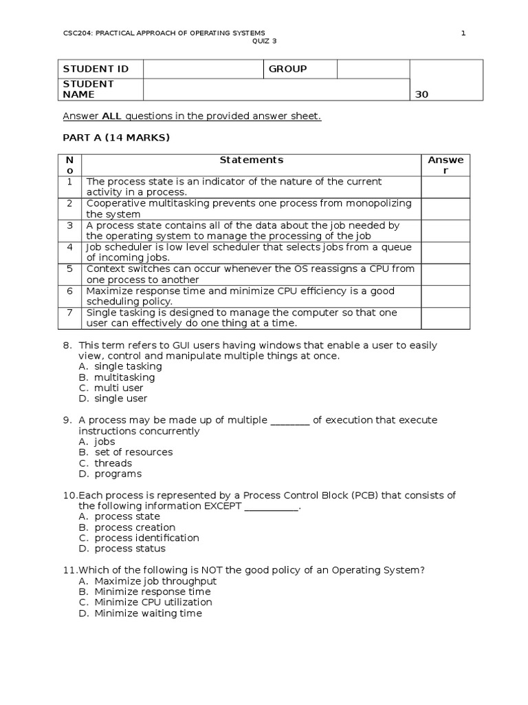 Quiz Operating System | PDF | Process (Computing) | Scheduling (Computing)
