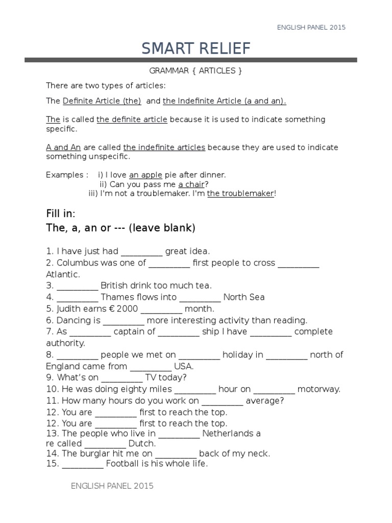 Smart Relief: Fill In: The, A, An or - (Leave Blank) | PDF ...