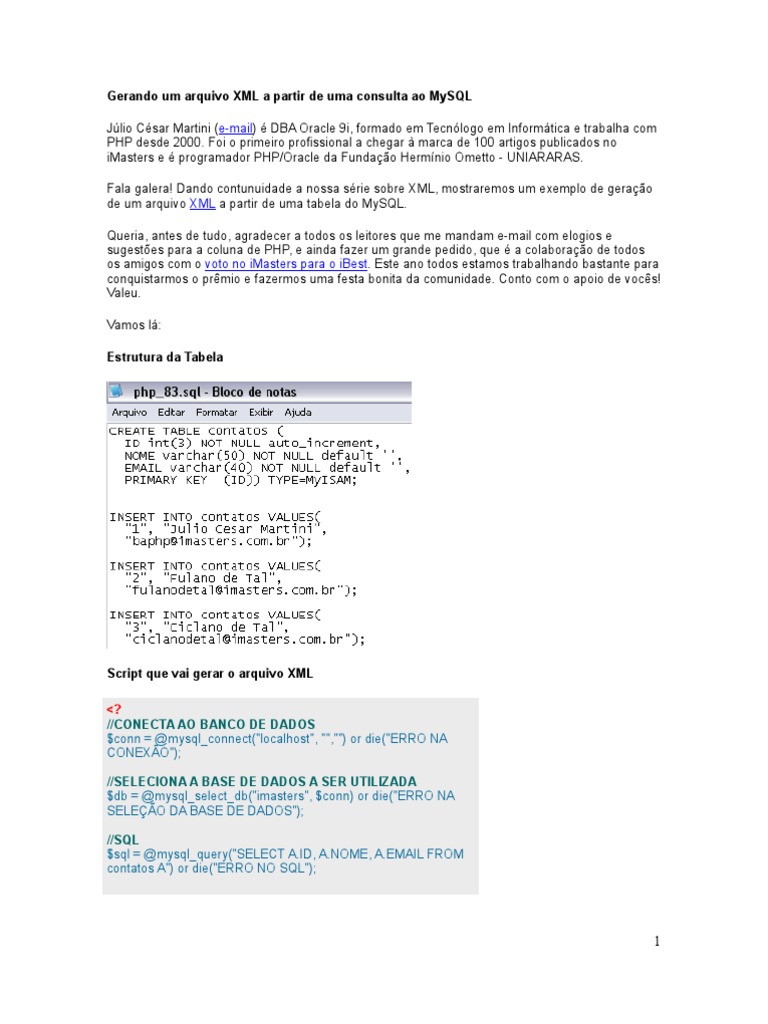 Gerando Um Arquivo XML A Partir de Uma Consulta Ao MySQL | PDF | XML | SQL