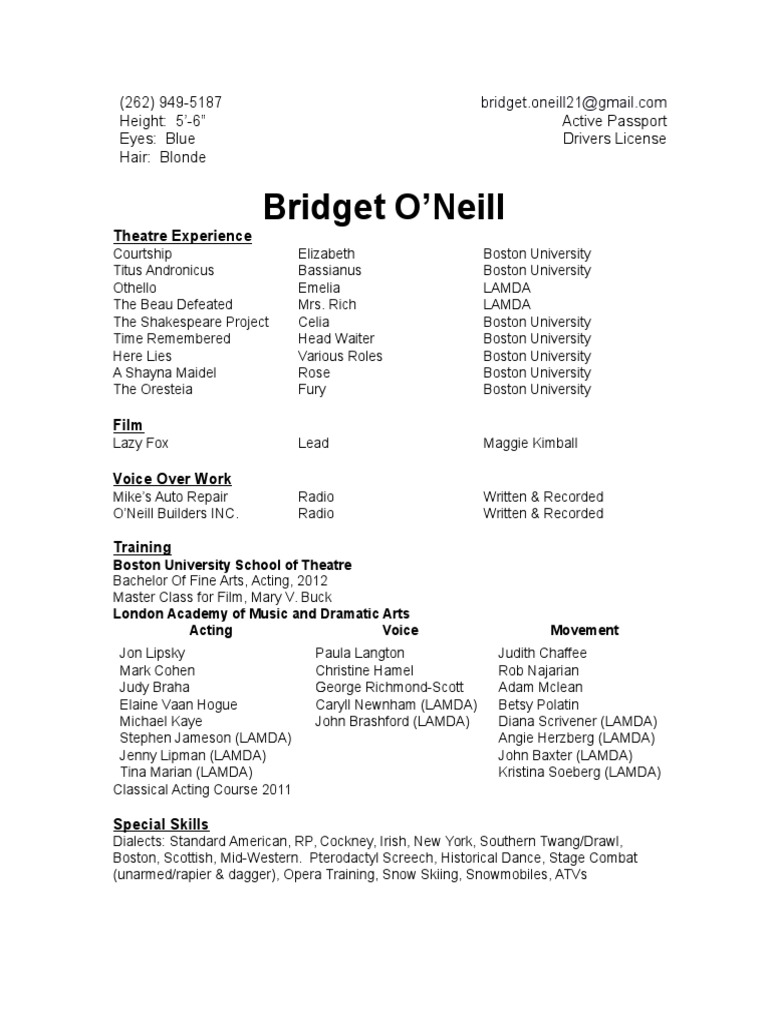 Bridget O'Neill: (262) 949-5187 Height: 5'-6" Active Passport Eyes ...