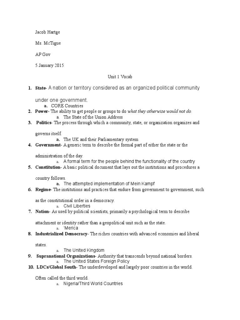 AP Gov Unit 1 Vocabulary Overview | PDF