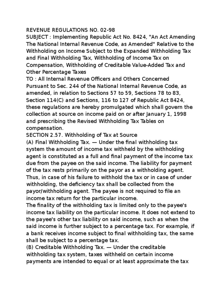 BIR Revenue Regulations No. 2-98 | PDF | Withholding Tax | Capital ...