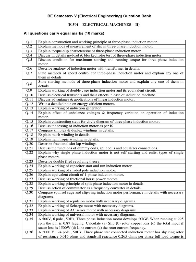 Electrical Machines II Question Bank | PDF | Power (Physics ...