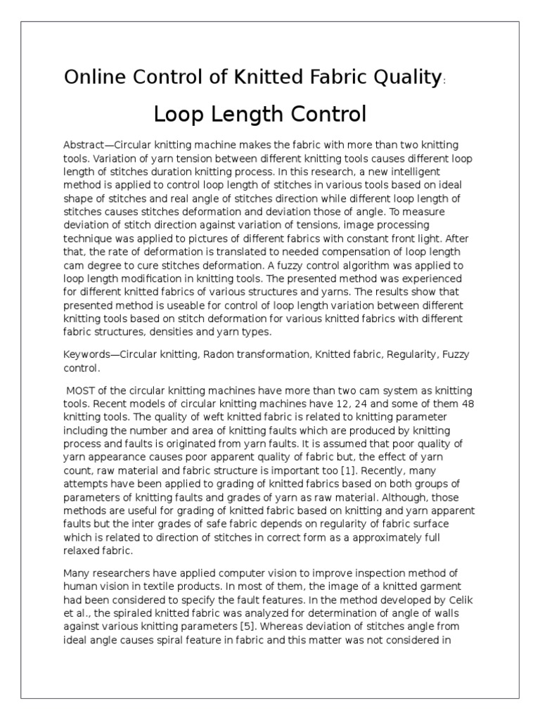 Online Control of Knitted Fabric Quality | PDF | Knitting | Regression ...