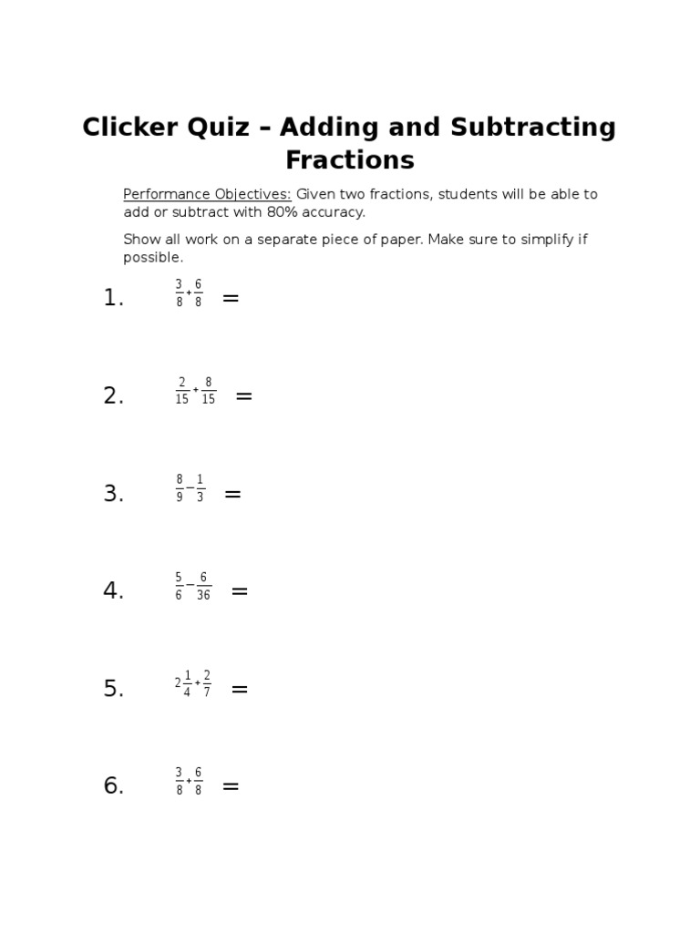 Adding and Subtracting Fractions Quiz | PDF