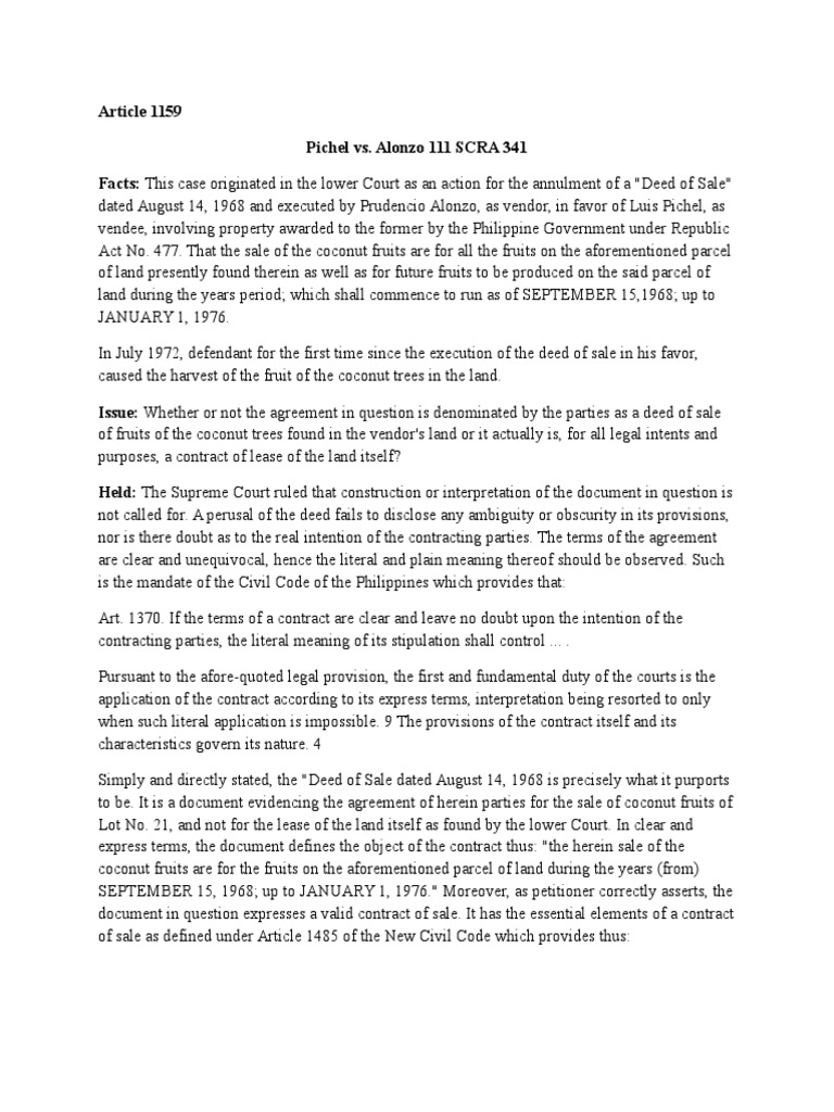 Article 1159 Pichel vs. Alonzo 111 SCRA 341 | PDF | Government | Common Law