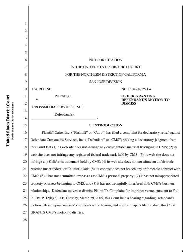 Order Granting Defendant'S Motion To Dismiss: ED IV | PDF | Hyperlink | Web Page