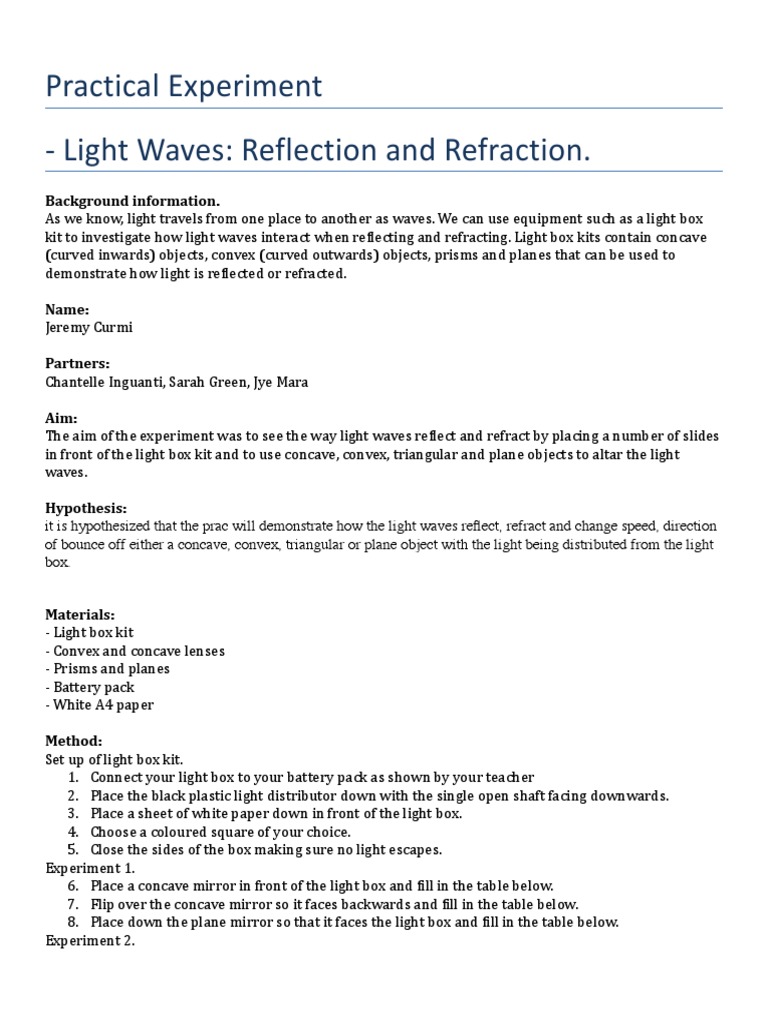 Light Waves: Reflection and Refraction Experiment | PDF | Lens (Optics ...