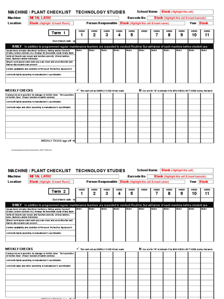 Metal Lathe Maintenance Checklist | PDF | Switch | Machines