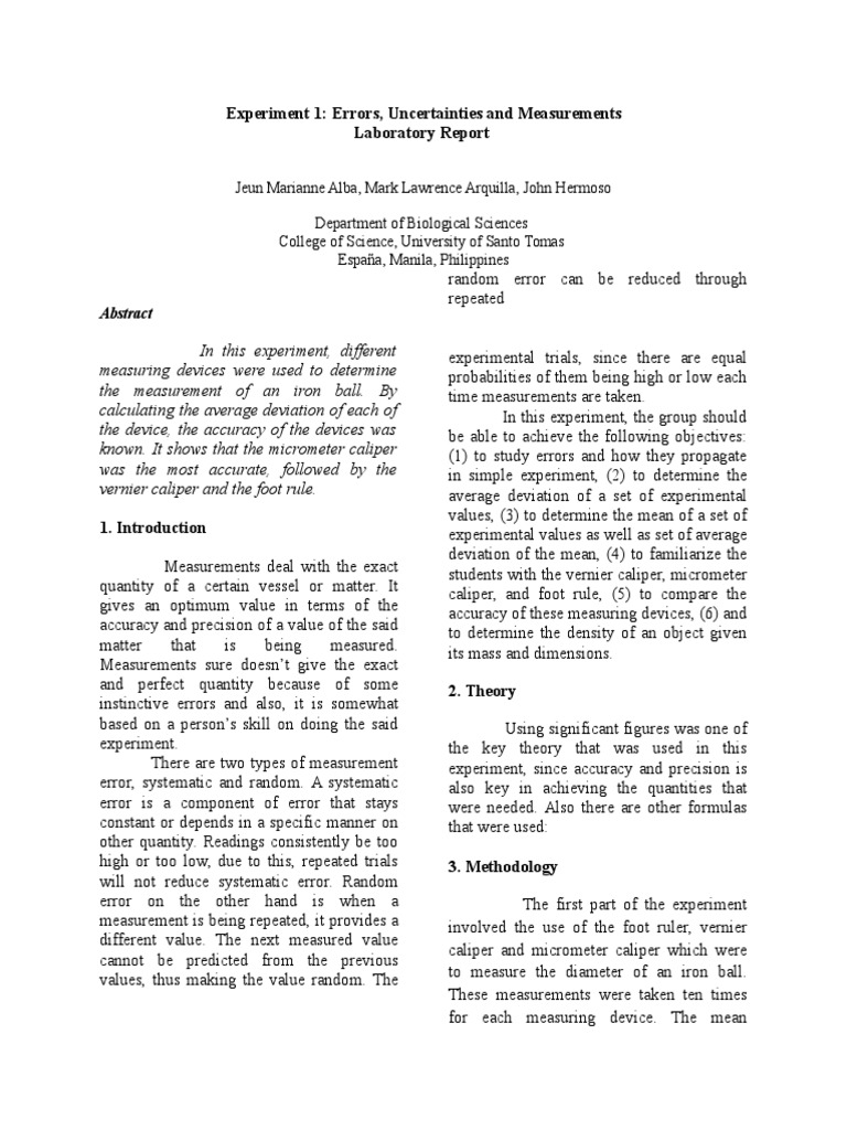 Experiment 1: Errors, Measurements and Uncertainties | PDF | Accuracy And Precision ...