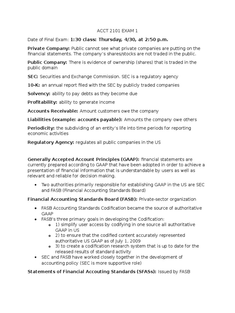 Acct 2101 Exam 1 Study Guide | PDF | Generally Accepted Accounting ...