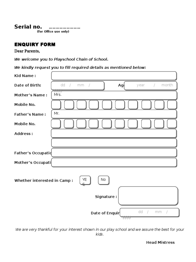 Playschool Admission Enquiry Form | PDF