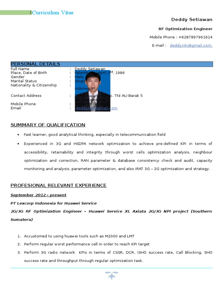 CV Deddy Setiawan RF Optim | PDF | Telecommunications | Computing