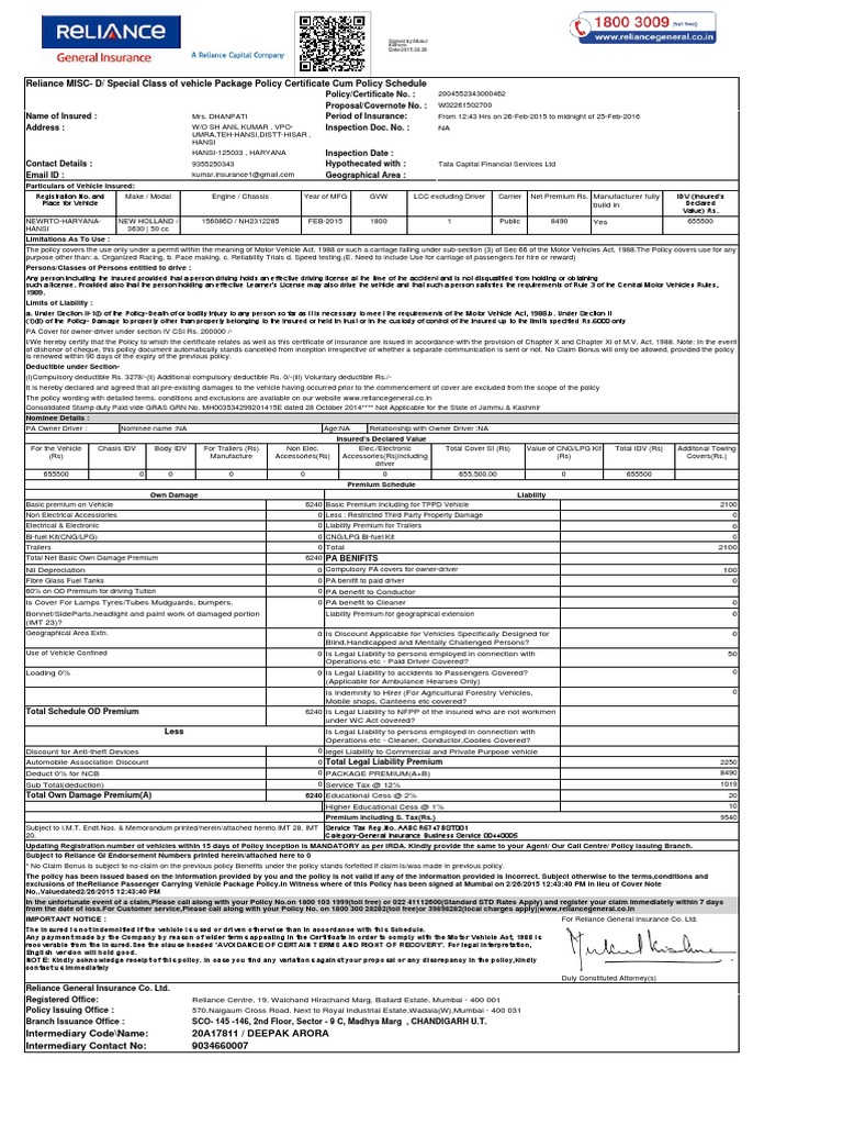 Reliance MISC-D/ Special Class of Vehicle Package Policy Certificate ...