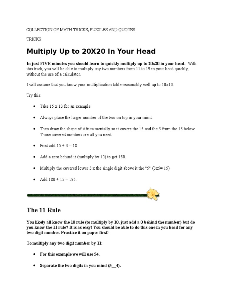 Collection of Math Tricks | PDF | Multiplication | Teaching Mathematics