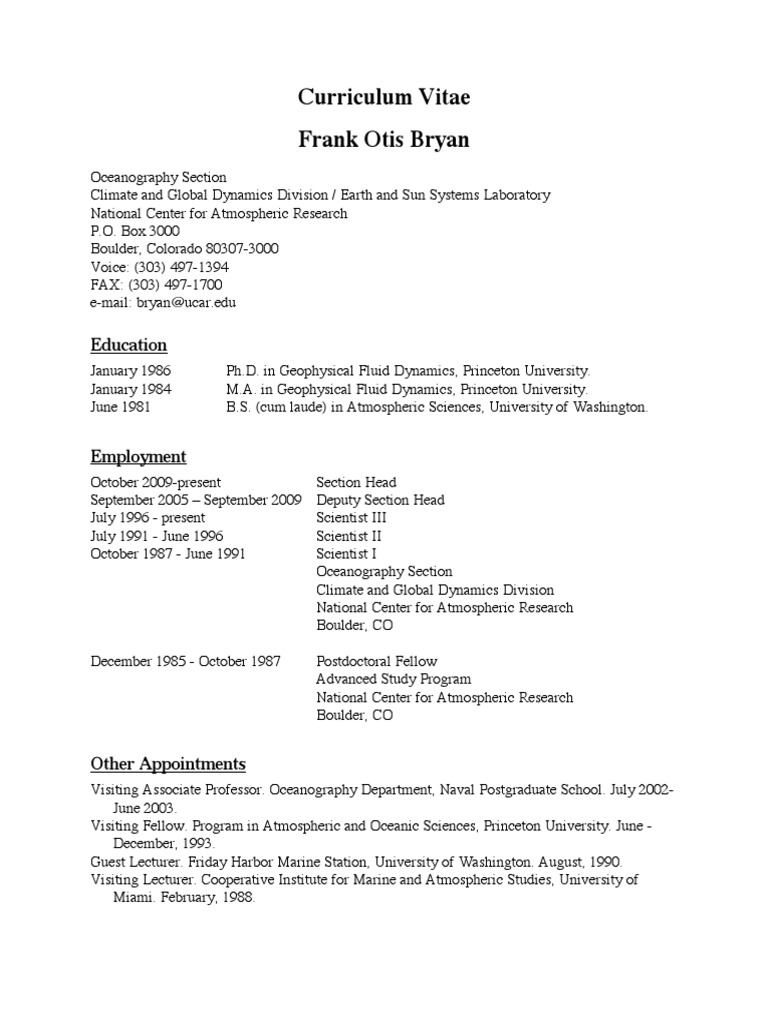 Curriculum Vitae Frank Otis Bryan | PDF | Oceanography | Salinity