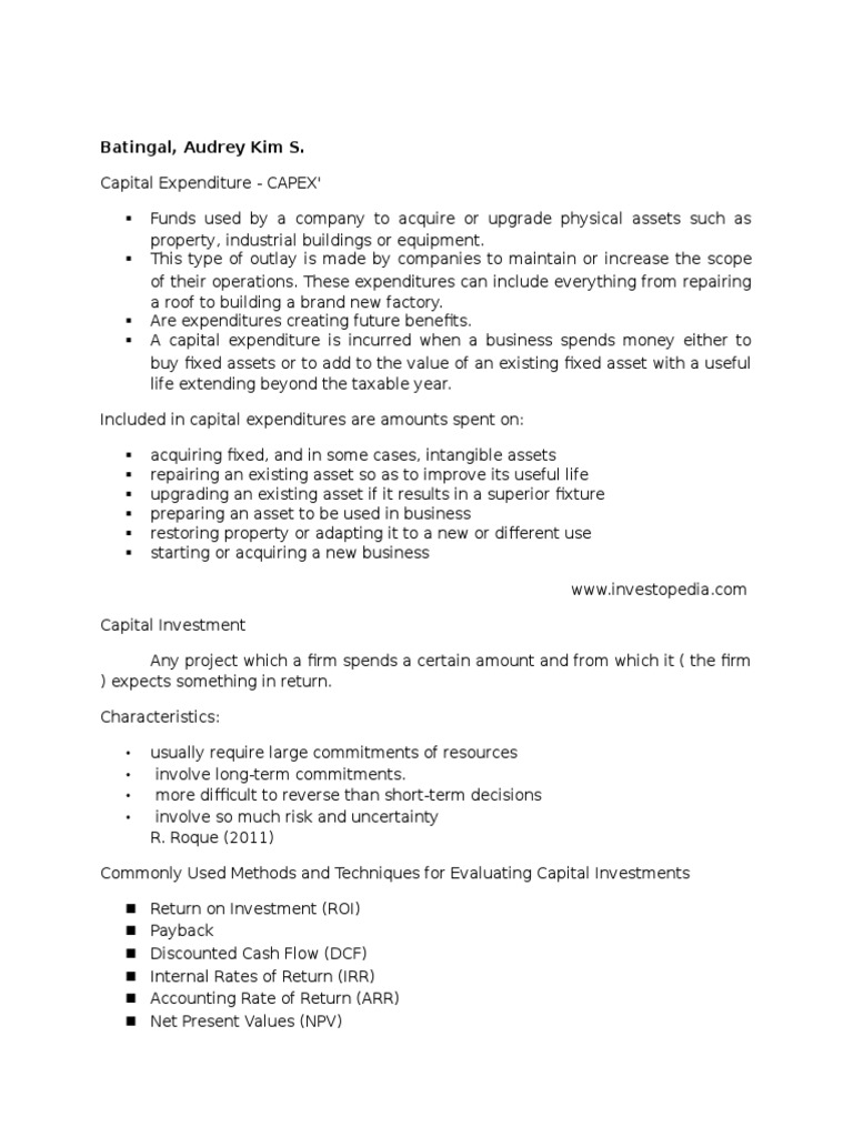 Capital Expenditure - Report | PDF | Net Present Value | Internal Rate ...