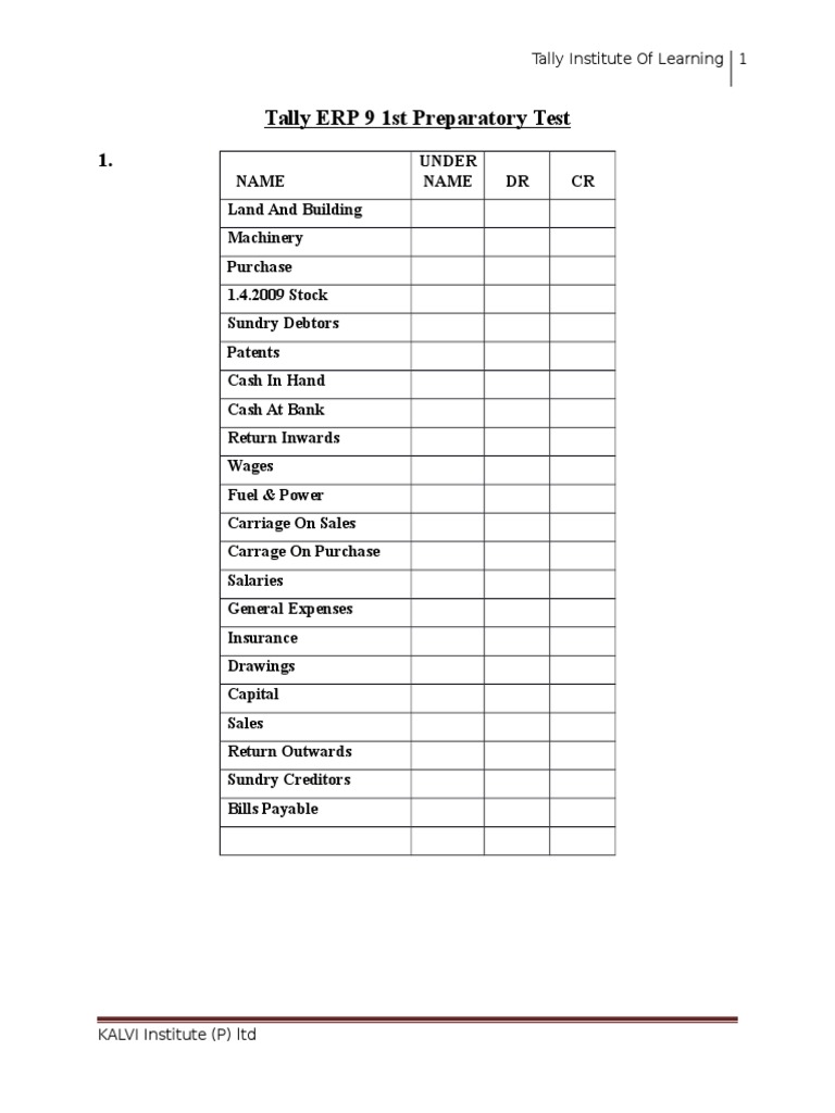 Tally ERP 9 1st Preparatory Test: Tally Institute of Learning 1 | PDF ...
