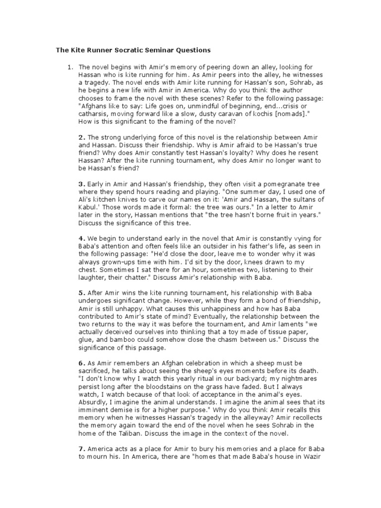 The Kite Runner: Seminar Questions | PDF