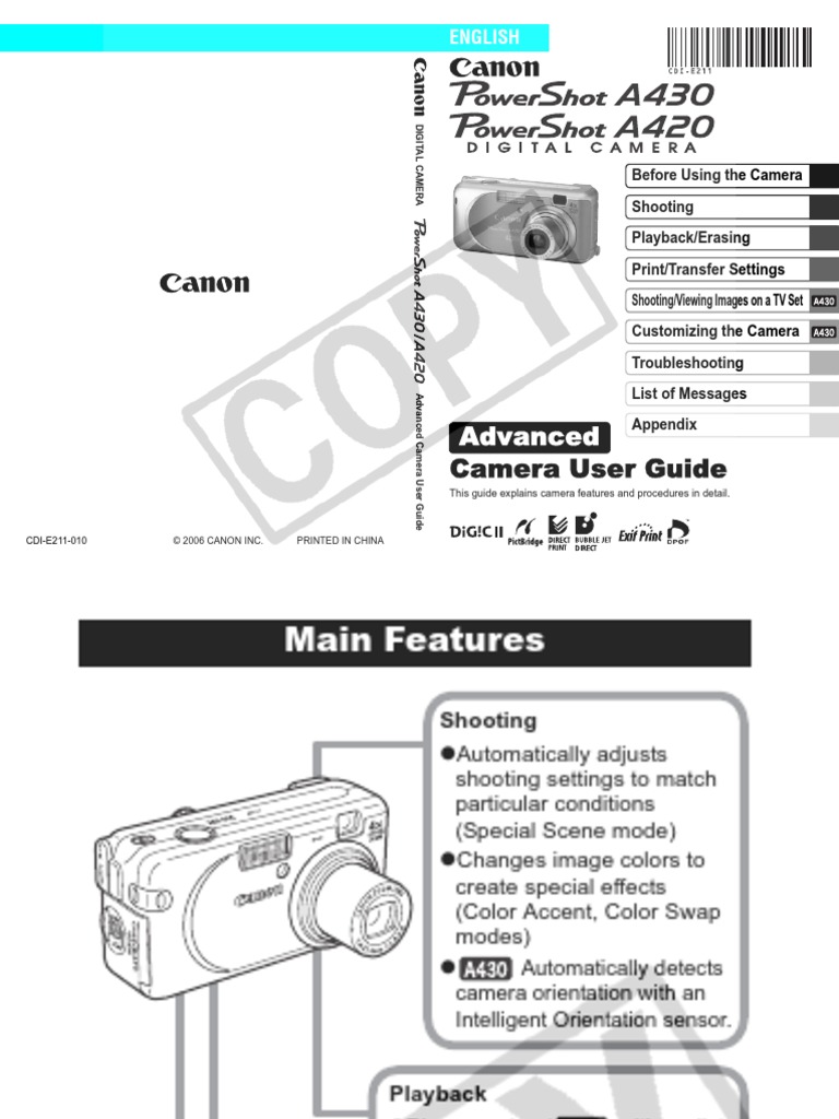Canon PowerShot A430 Digital Camera User Manual | PDF | Digital Camera ...