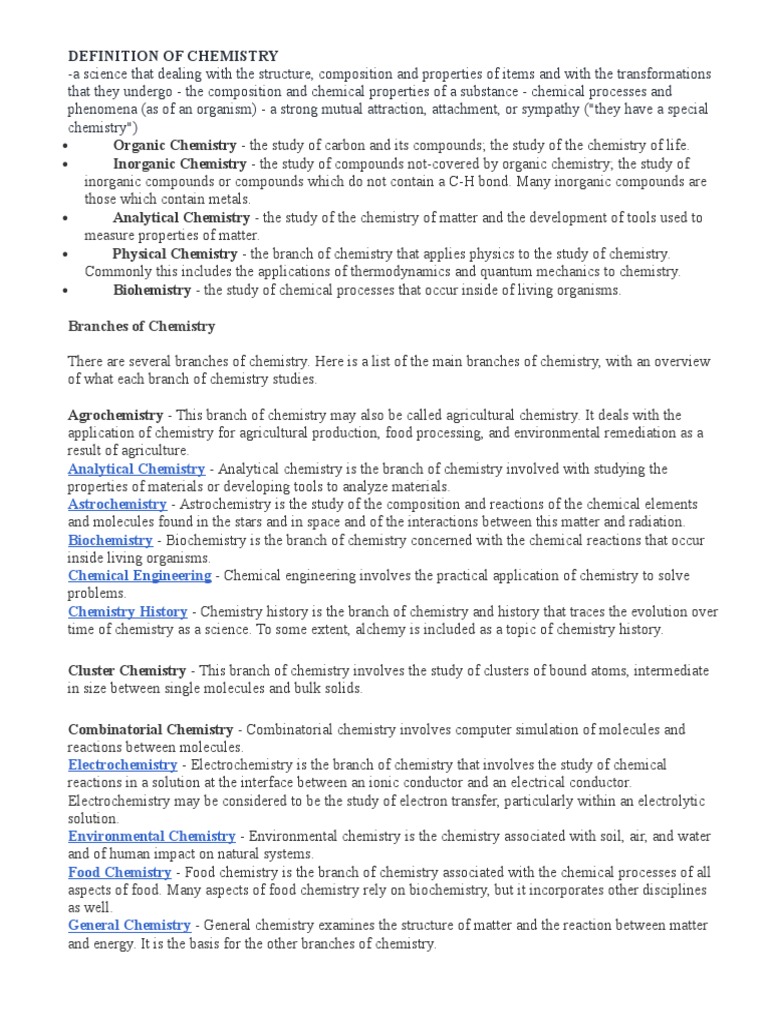 Definition and Branches of Chemistry | PDF | Chemical Reactions ...