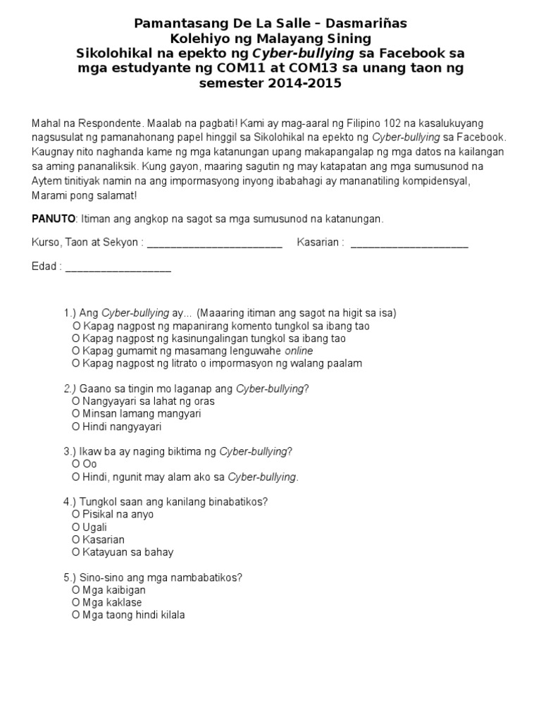 Cyber Bullying Survey Question | PDF