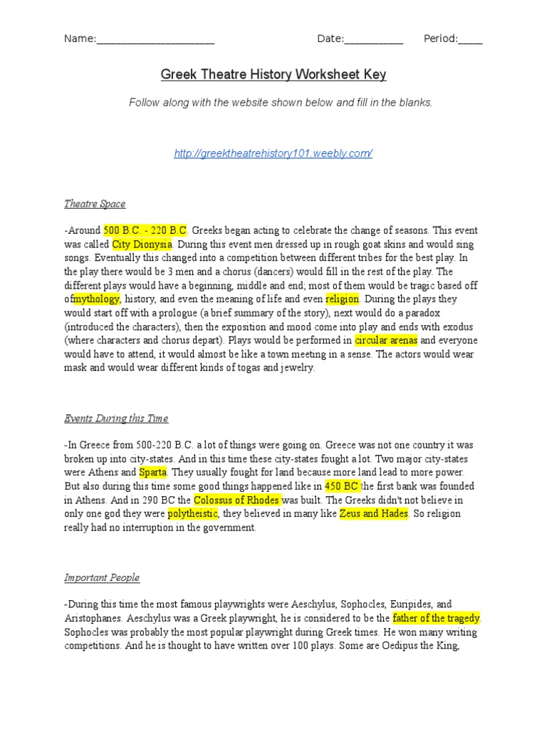 Greek Theatre History Worksheet Key | PDF | Sophocles | Euripides