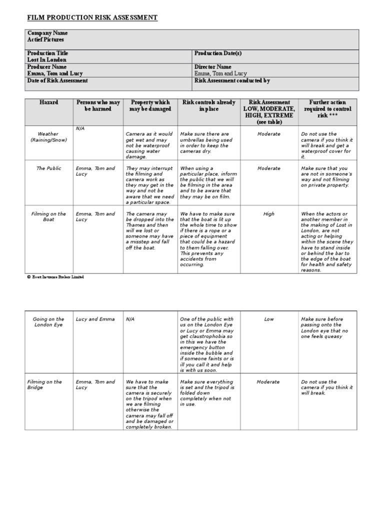Film Production Risk Assessment: Emma, Tom and Lucy | PDF