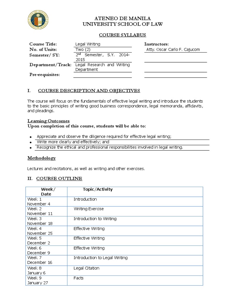 Legal Writing - Course Syllabus (1E S.Y. 2014-2015) PDF | PDF ...