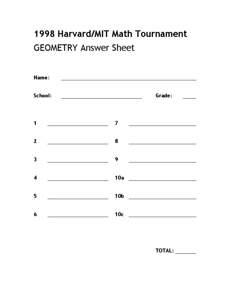 1998 Harvard/MIT Math Tournament GEOMETRY Answer Sheet: Name | Download ...