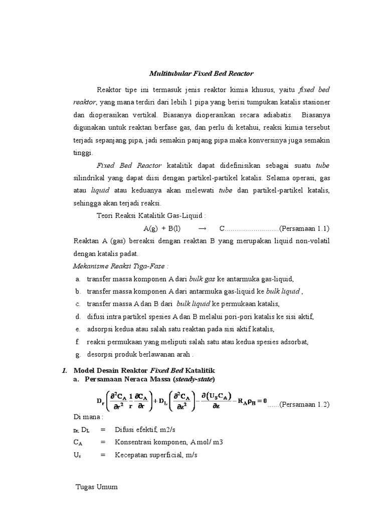 Multitubular Fixed Bed Reactor Tugas Umum | PDF
